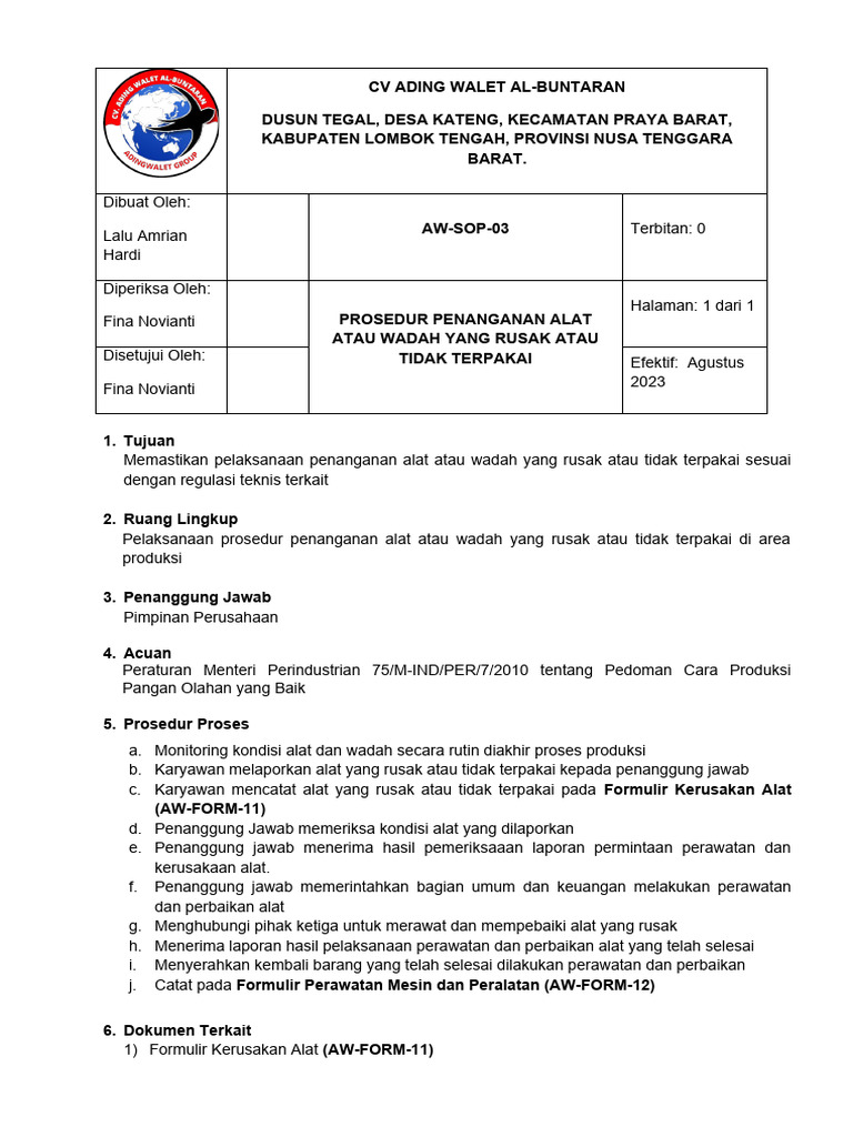 Prosedur Penanganan Alat Rusak 2023 | PDF