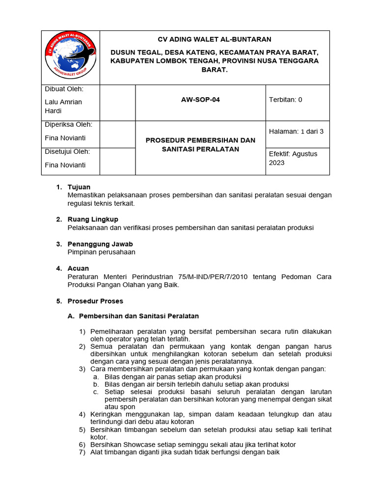 SOP-04 - Prosedur Sanitasi Peralatan | PDF