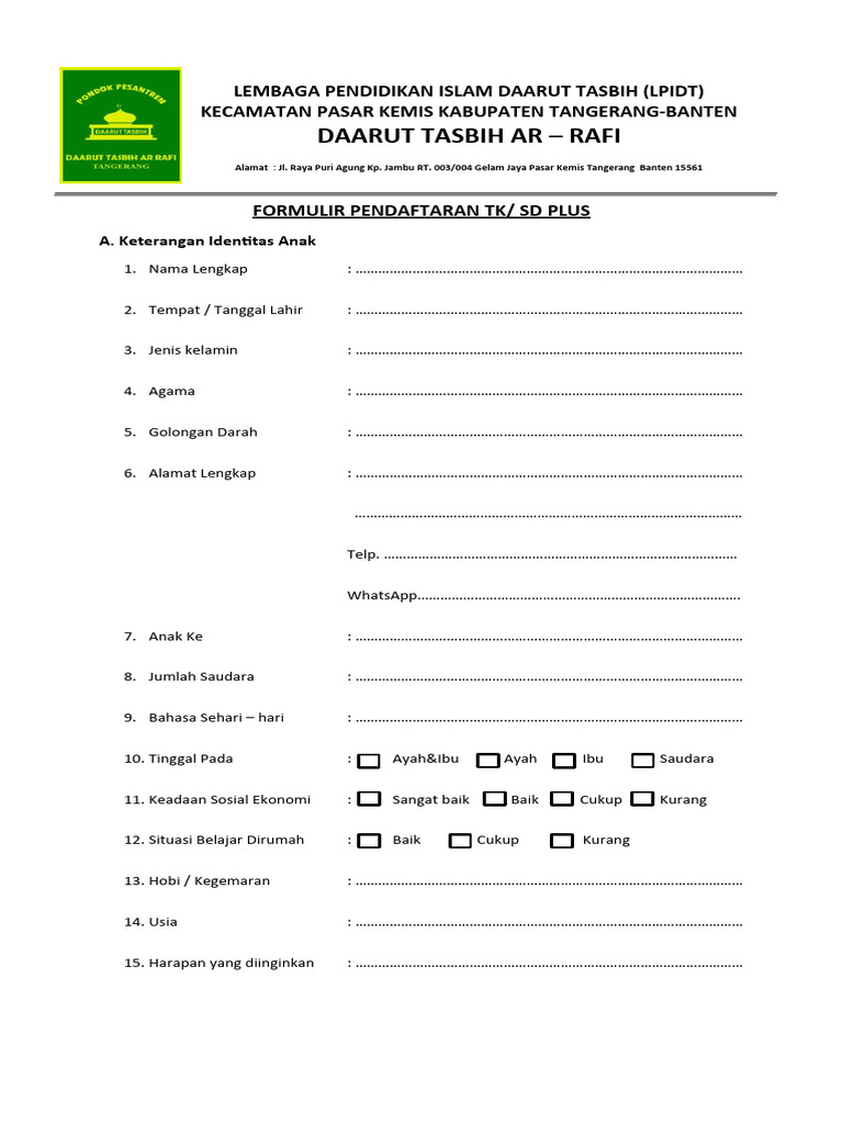 Formulir Sekolah TK Dan SD | PDF