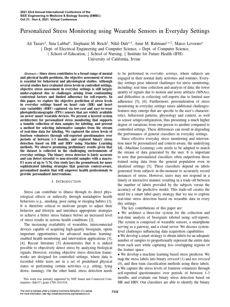 Personalized Stress Monitoring Using Wearable Sensors in Everyday Settings | PDF | Wearable ...