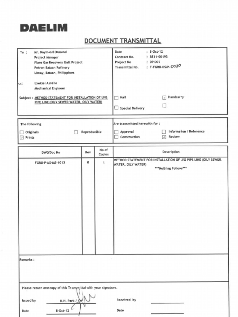 T-FGRU-DS-P-0030 Method Statement For Installation of U-G Pipe Line ...