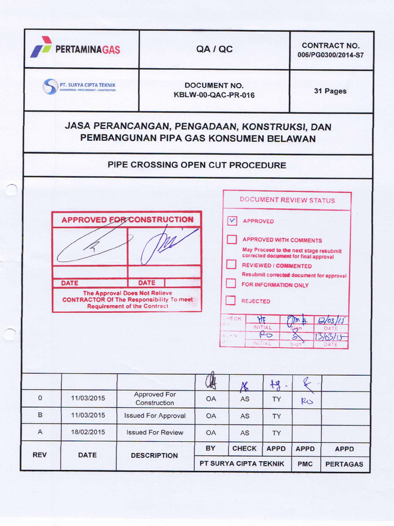 KBLW-00-QAC-PR-016 Pipe Crossing Open Cut Procedure, Rev. 0 - AFC | PDF