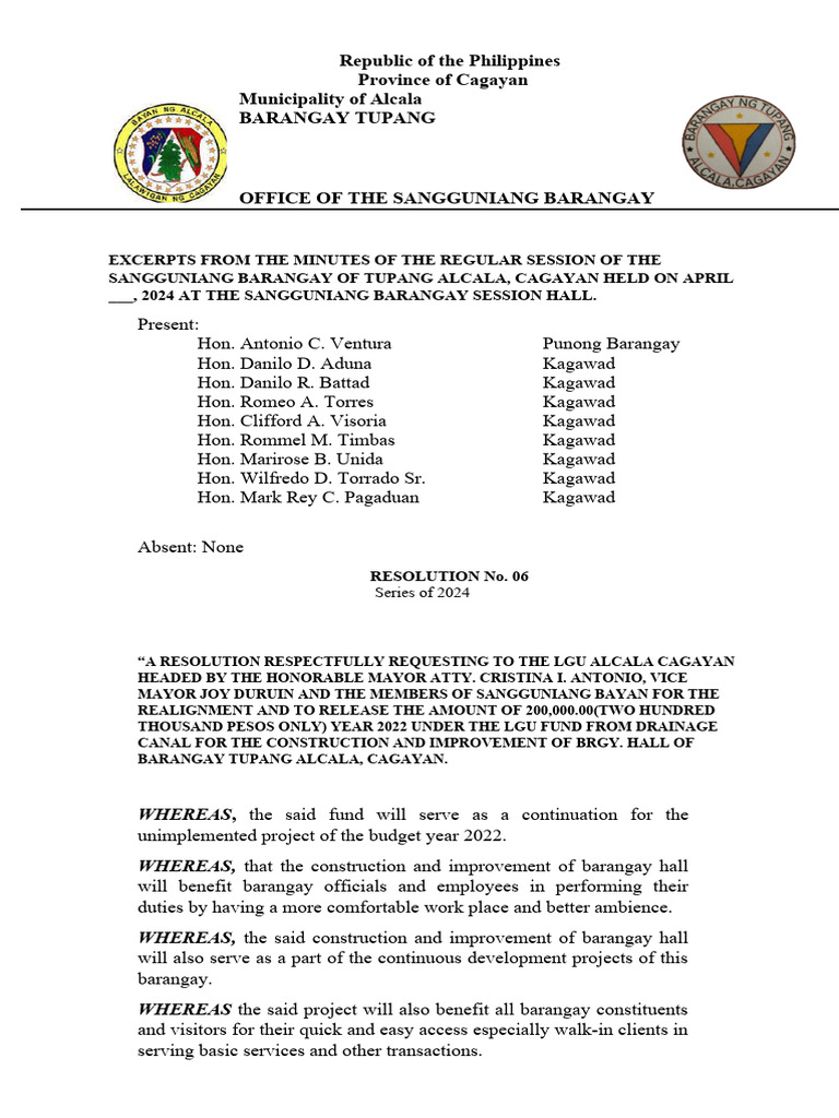 Barangay Hall Resolution | PDF | Philippines