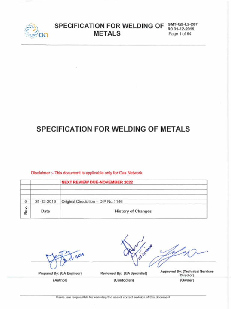 GMT-QS-L2-207 Specification For Welding of Metals R0 31-12-2019 | PDF | Welding | Construction