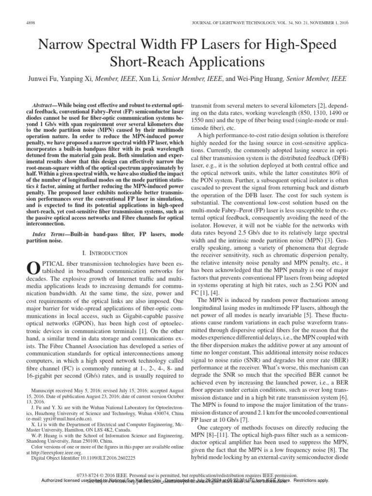 Narrow Spectral Width FP Lasers For High-Speed Short-Reach Applications ...