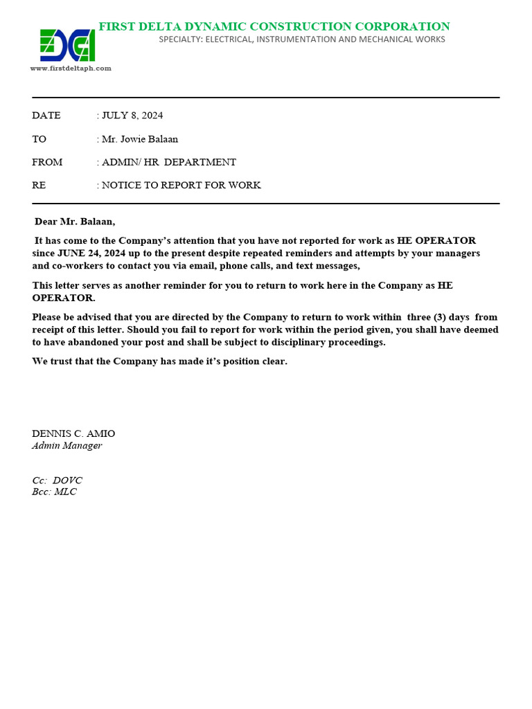 Notice to Report for Work | PDF