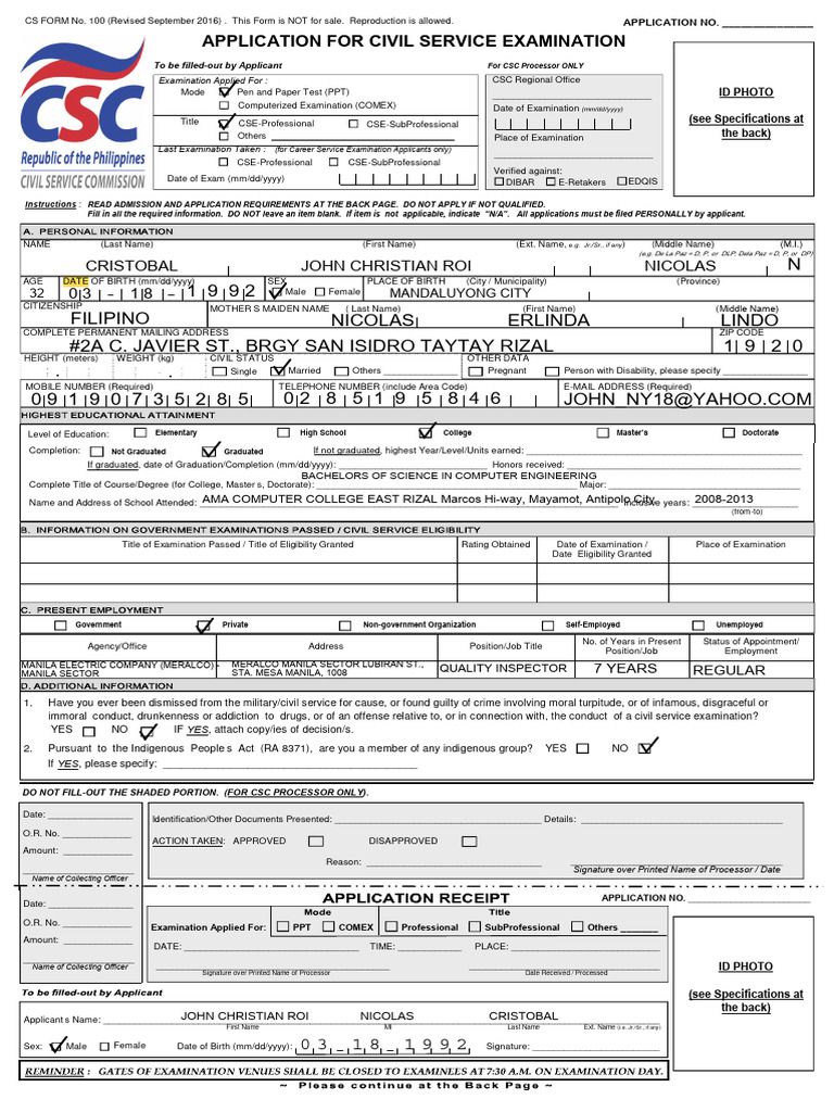 Civil Service Examination Form - CS Form No. 100 (Revised September 2016) JC Cristobal | PDF ...