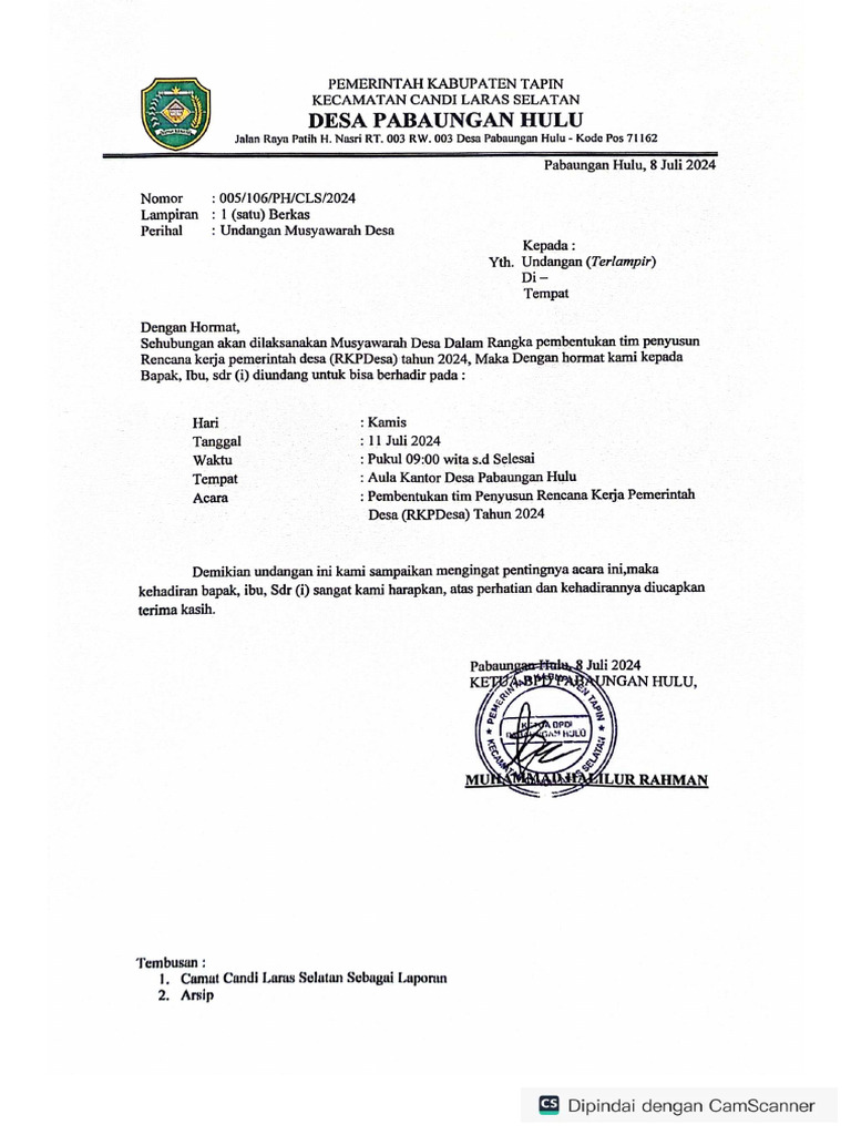 UNDANGAN PEMBENTUKAN TIM RKPDesa PABAUNGAN HULU TAHUN 2024 | PDF