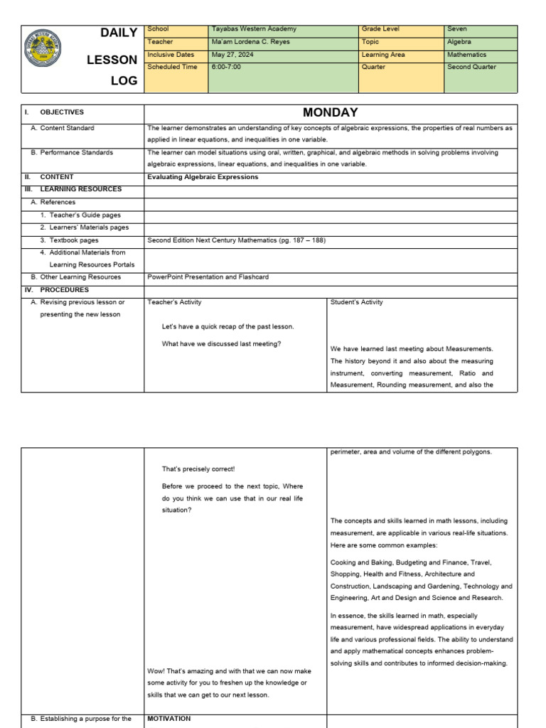 Daily Lesson LOG Monday: I. Objectives | PDF | Mathematics | Variable (Mathematics)