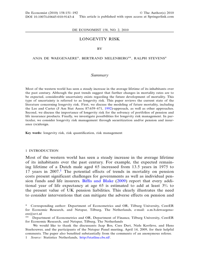 Key Words: Longevity Risk, Risk Quantification, Risk Management | PDF | Risk | Insurance