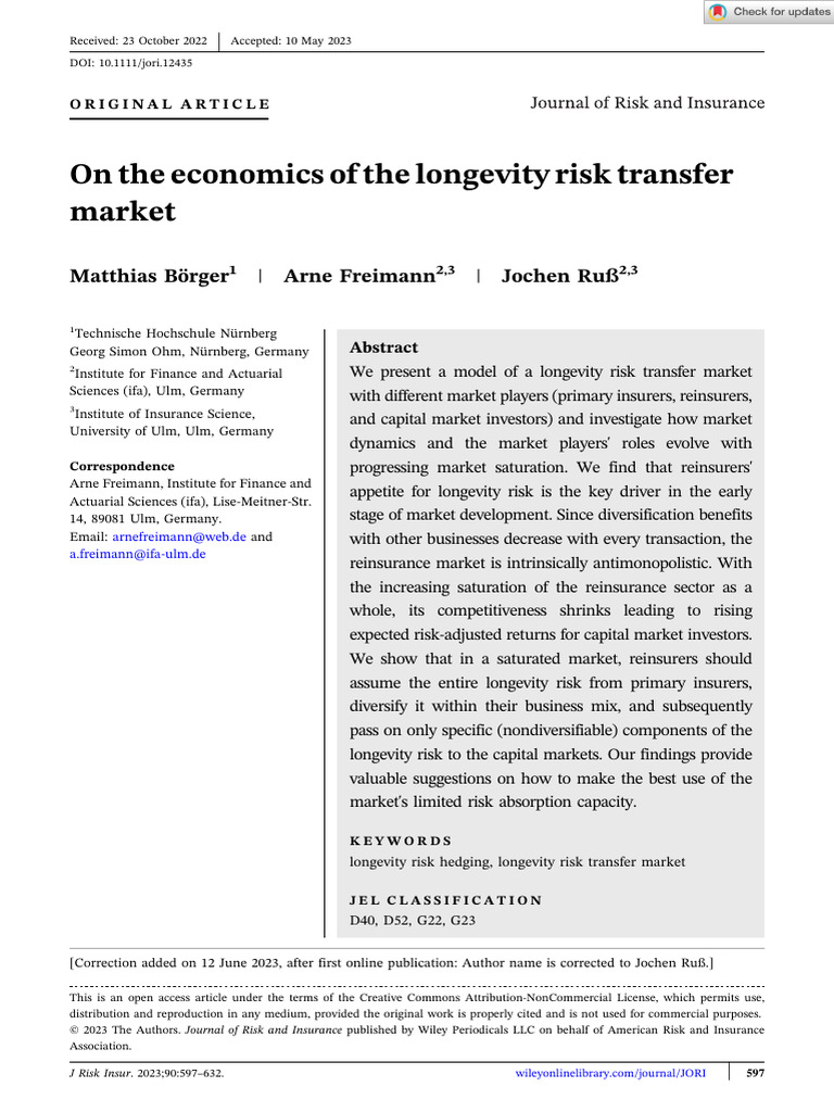 J of Risk Insurance - 2023 - Börger - On The Economics of The Longevity ...