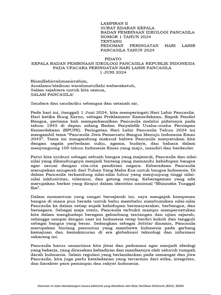 Amanat Pembina Upacara - Hari Lahir Pancasila | PDF