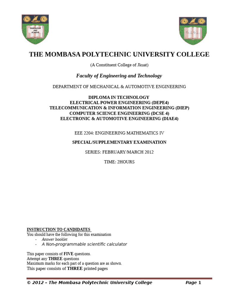 Eee 2204 Engineering Mathematics IV | PDF | Mathematics | Mathematical Analysis