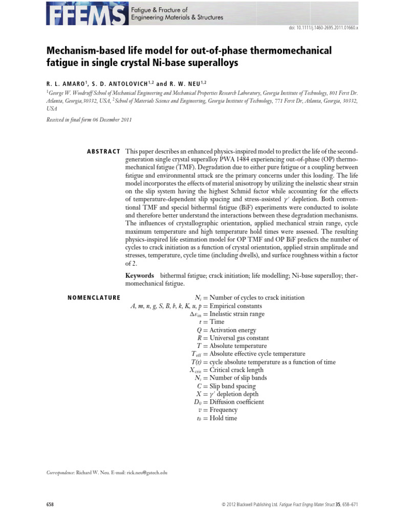 Fatigue Fract Eng Mat Struct - 2012 - AMARO - Mechanism Based Life Model For Out of Phase ...