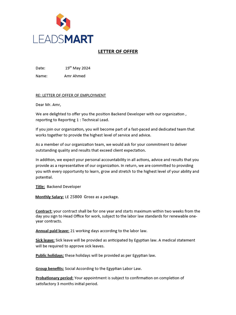 Offer Letter - Amr | PDF | Business