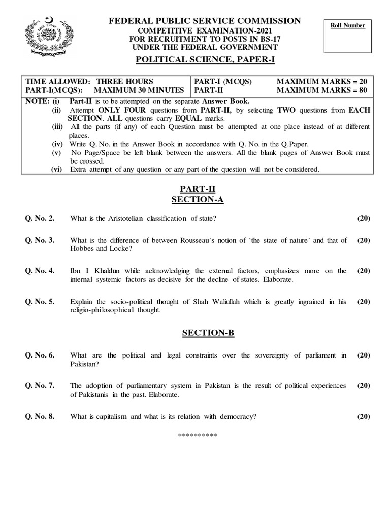 Political Science Past Paper 2021 | PDF | Government | Political Science
