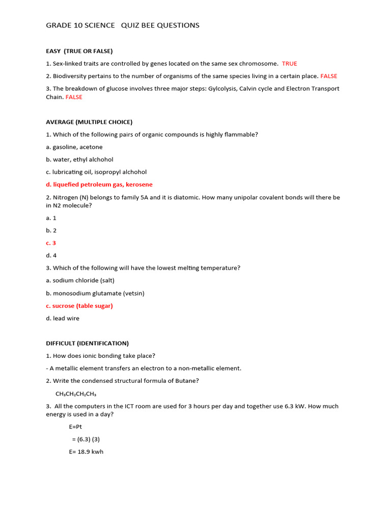 Grade 10 Science Quiz Bee Questions | PDF