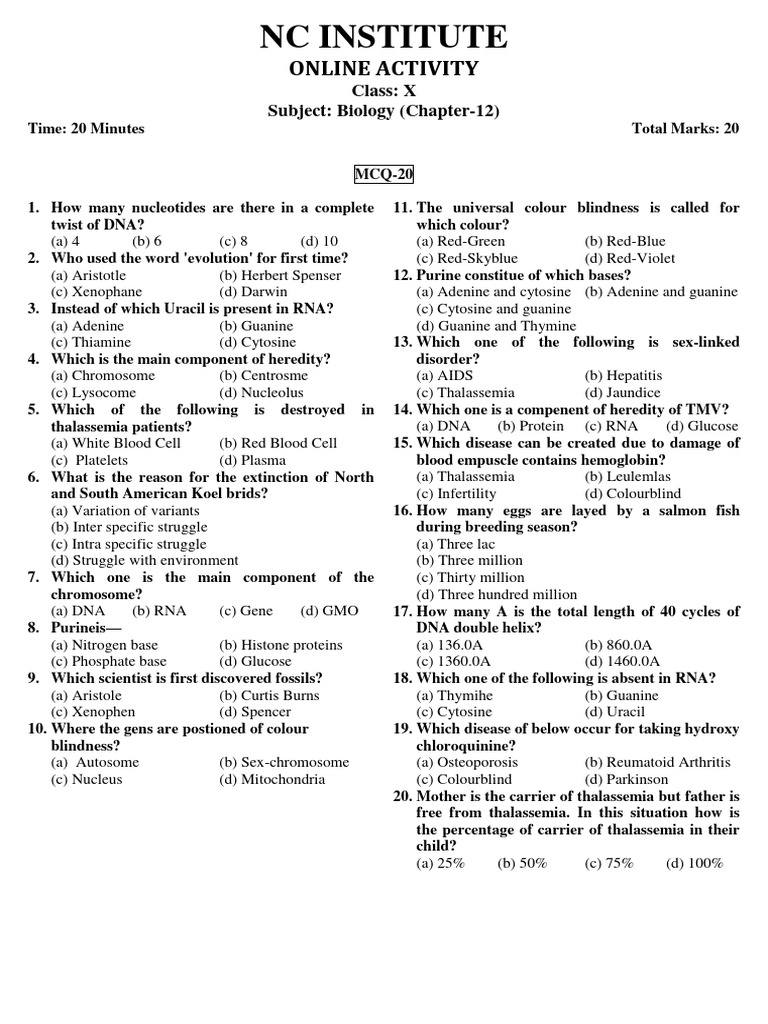 Class-10 (Biology) Chapter-12 (MCQ) | PDF | Dna | Rna