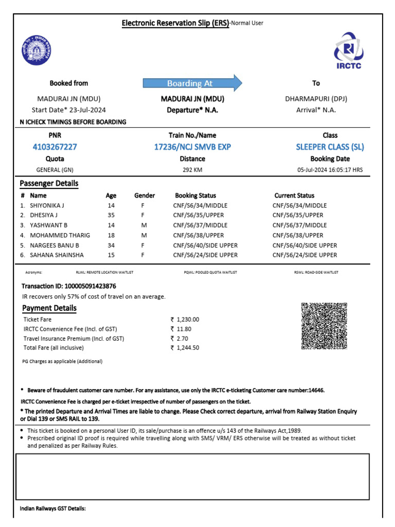 17236/NCJ SMVB EXP Sleeper Class (SL) | PDF | Identity Document