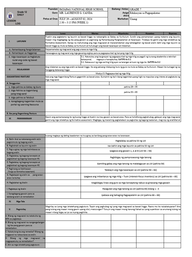 Esp 7 DLL Week 1 | PDF