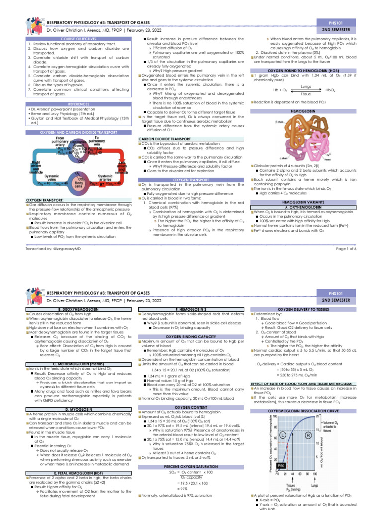 Respi #3 - Transport of Gases | PDF | Hemoglobin | Blood