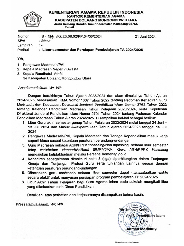 Surat Keterangan Libur Semester Genap | PDF