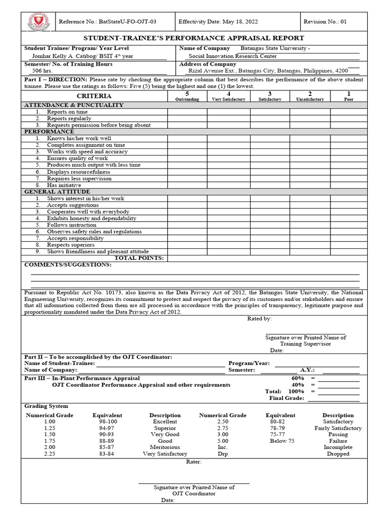 BatStateU-FO-OJT-03 - Student-Trainee's Performance Appraisal Report ...