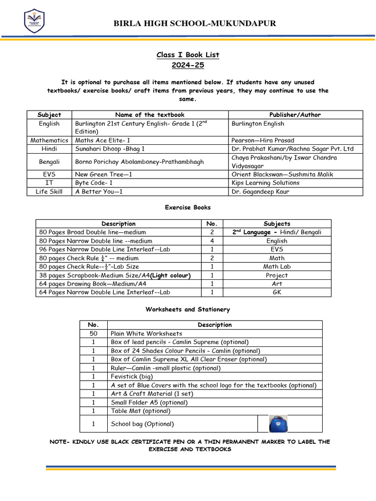 Class I - Booklist For Session 24-25 | PDF