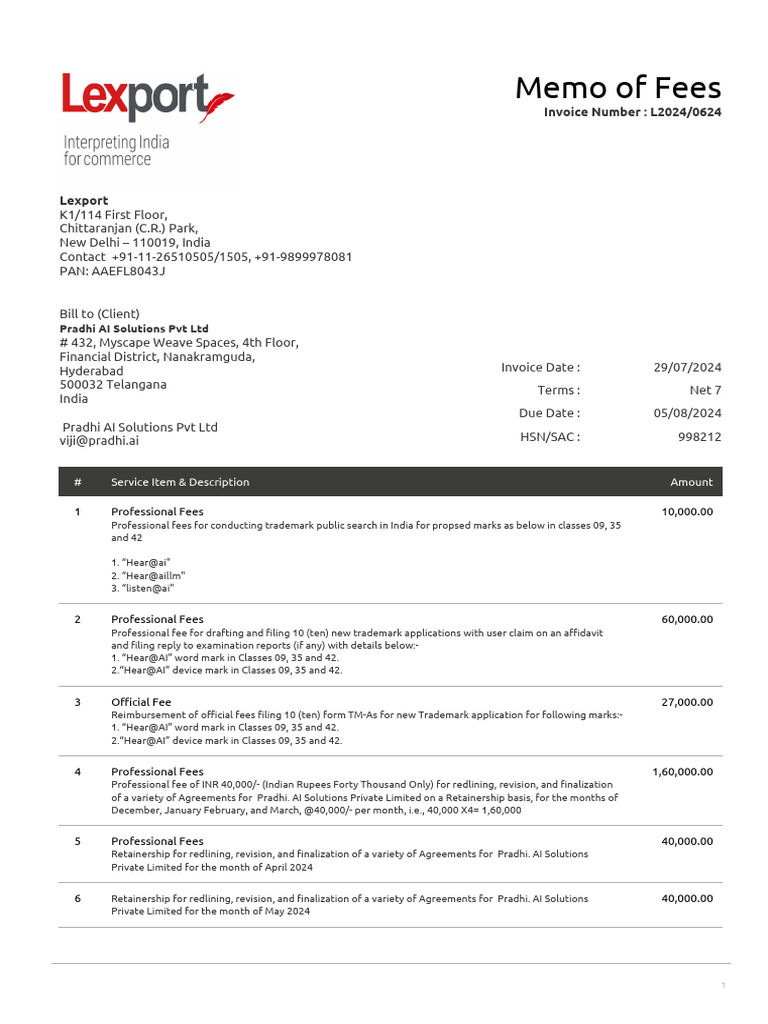 Memo of Fees: Invoice Number: L2024/0624 | PDF | Payments | Financial ...