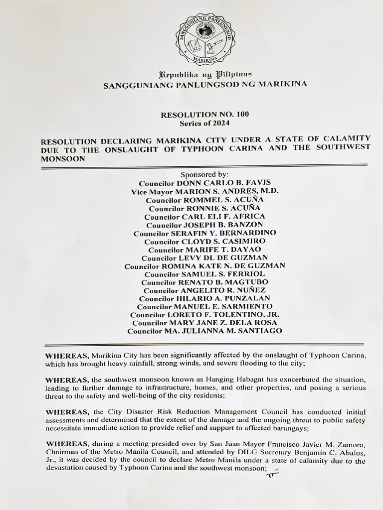 Marikina City Under A State of Calamity Reso No. 100 s2024 - 20240727 - 191840 - 0000 | PDF