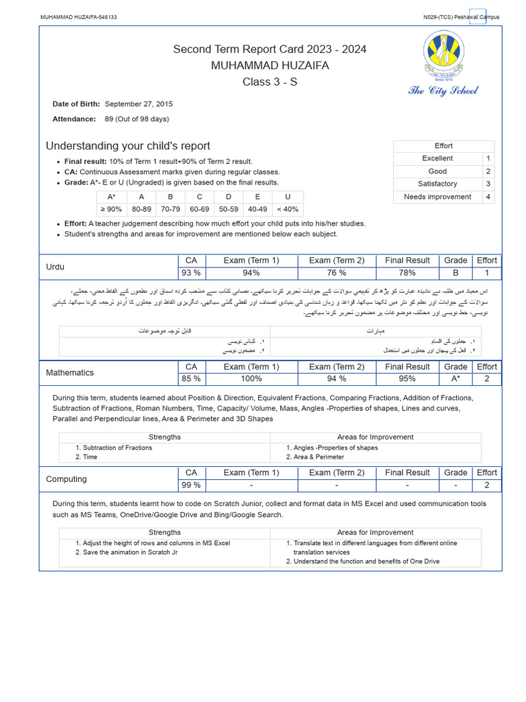 Second Term Report Card 2023 - 2024 Muhammad Huzaifa Class 3 - S | PDF