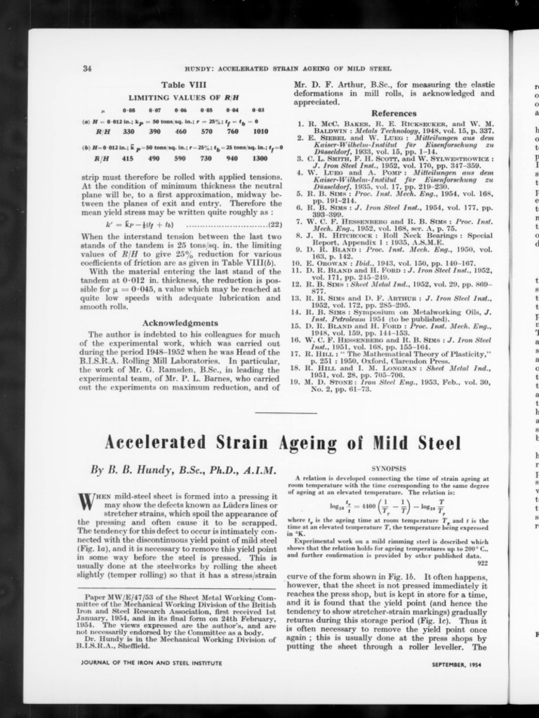 1954 Hundy. Accelerated Strain Ageing of Mild Steel. JISI | PDF