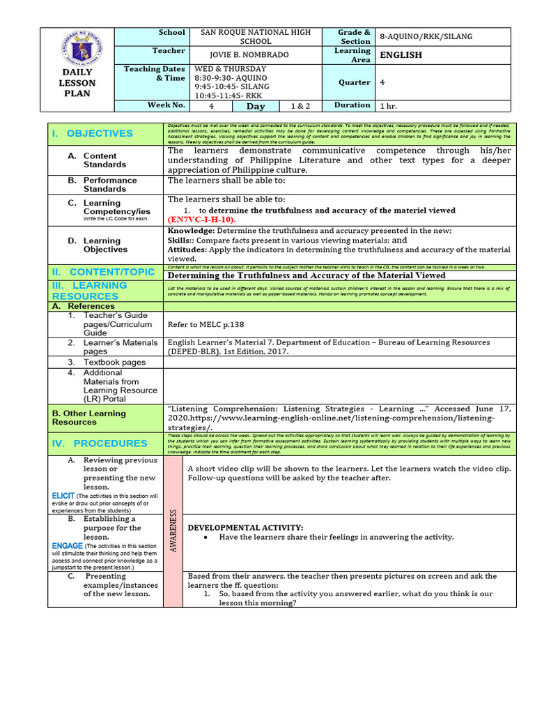 ENG 7 DLP - 4TH QUARTER WK 4 - For COT | PDF | Educational Assessment ...