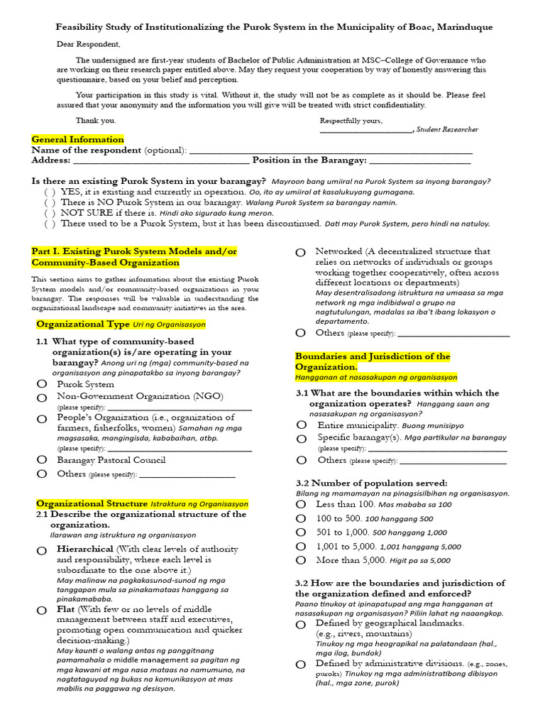 Research Questionnaire For Purok System Study in Macroeconomics | PDF | Career & Growth