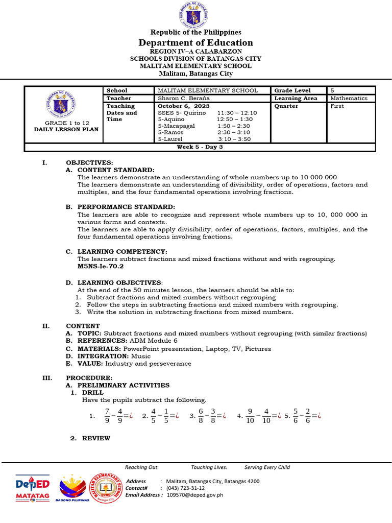 DLP Q1 W5 Day-3 Mathematics-5 | PDF | Learning | Behavior Modification
