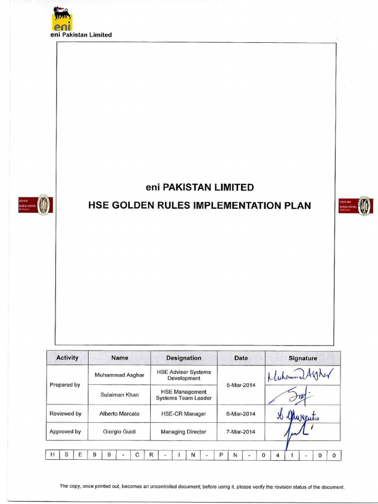Eni Pakistan Golden Rules Implementation Plan | PDF | Personal ...