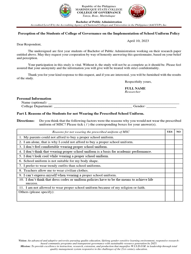 Research Questionnaire - Implementation of School Uniform | PDF ...