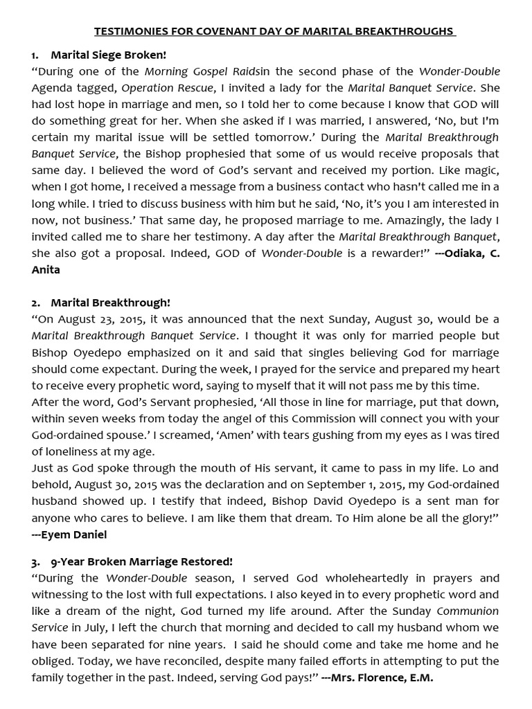 Marital Breakthrough Testimonies-1-1 | PDF | Marriage | Miracle