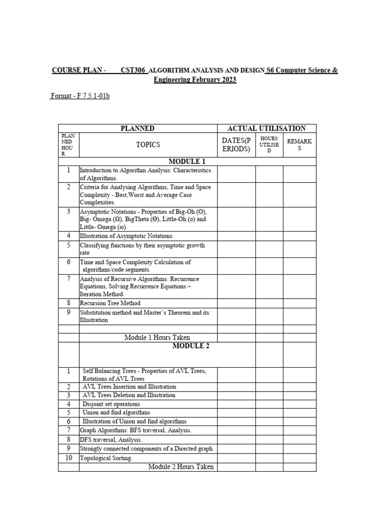 CST306: Algorithm Analysis Course Plan | PDF | Computational Complexity Theory | Theoretical ...