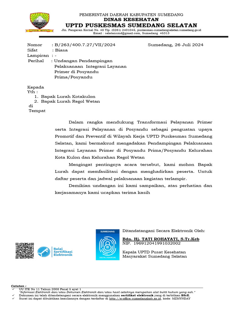 Surat Undangan Pendampingan Pelaksanaan Integrasi Layanan | PDF