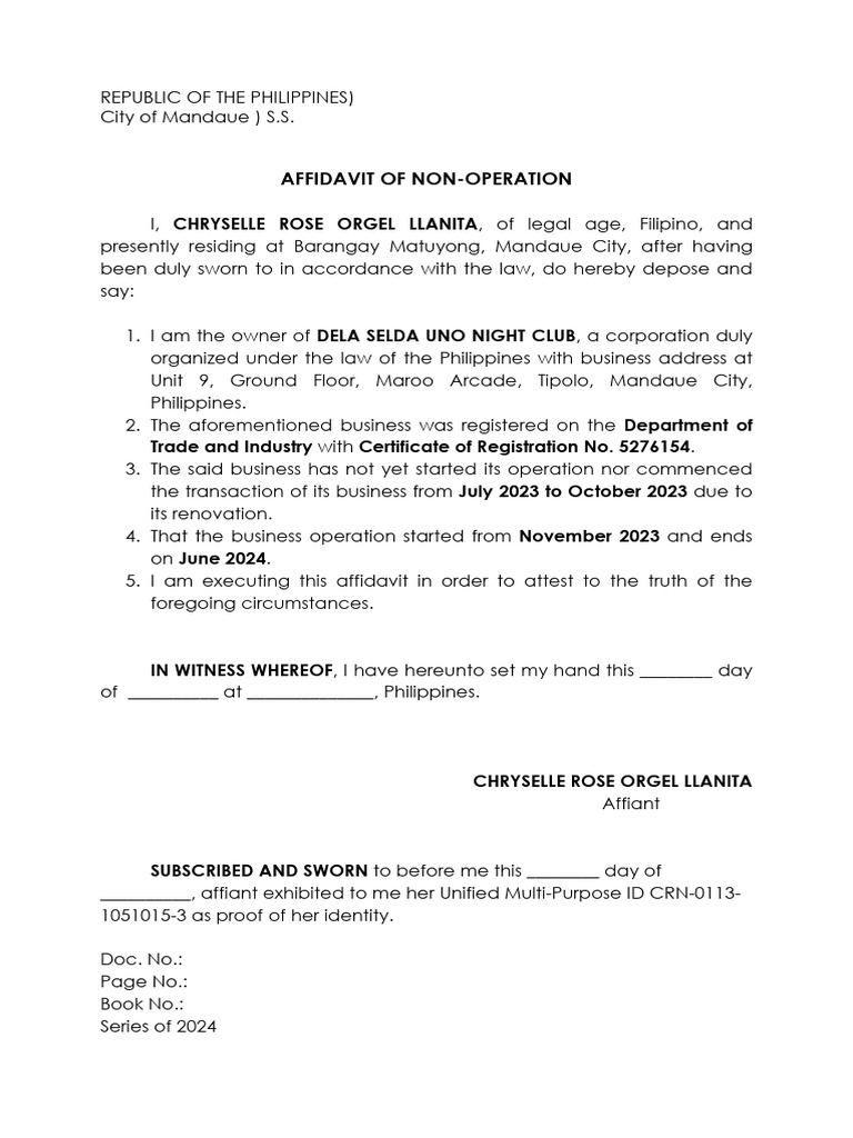 Affidavit of Non-Operation for Night Club | PDF