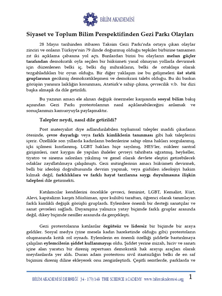 Siyaset Ve Toplum Bilim Perspektifinden Gezi Parki Olaylari | PDF