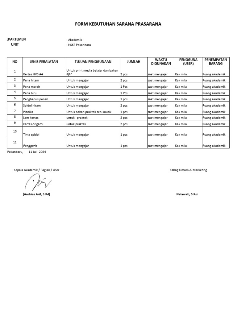 Form Kebutuhan Sarana Prasarana Kak Mila | PDF