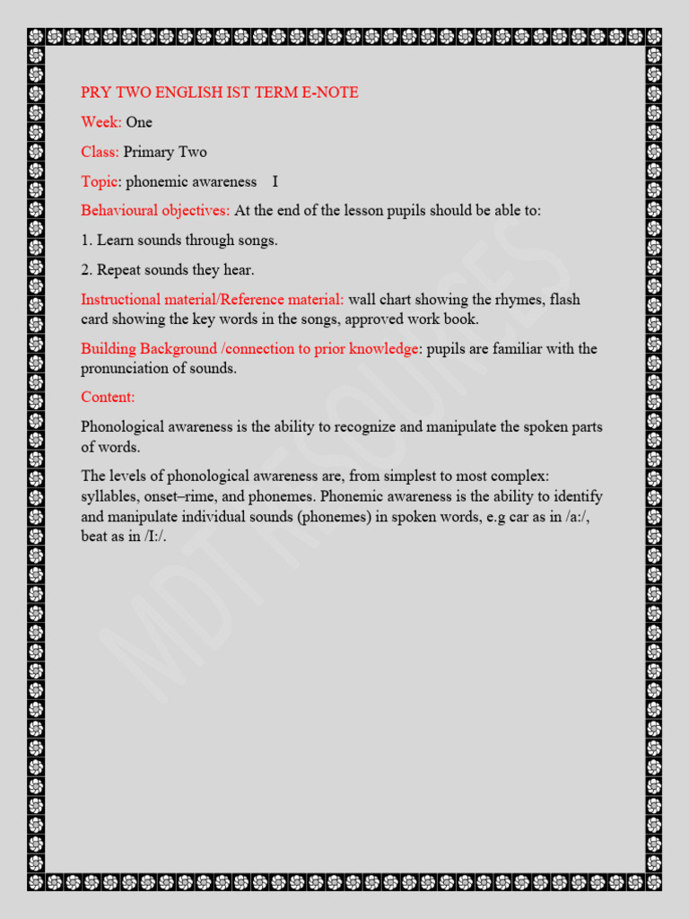 PRY 2 English Ist Term Enote | PDF | Reading Comprehension | Syllable