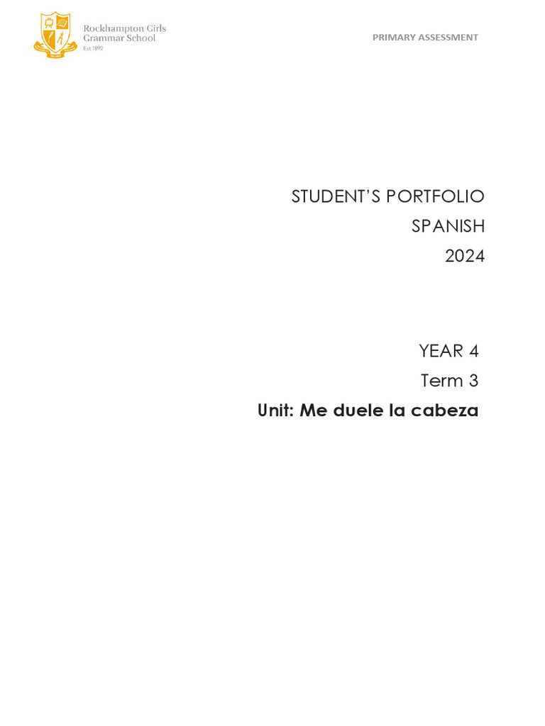 2024 Term 3 Year 4 Spanish Me Duele La Cabeza (Student's Portfolio ...