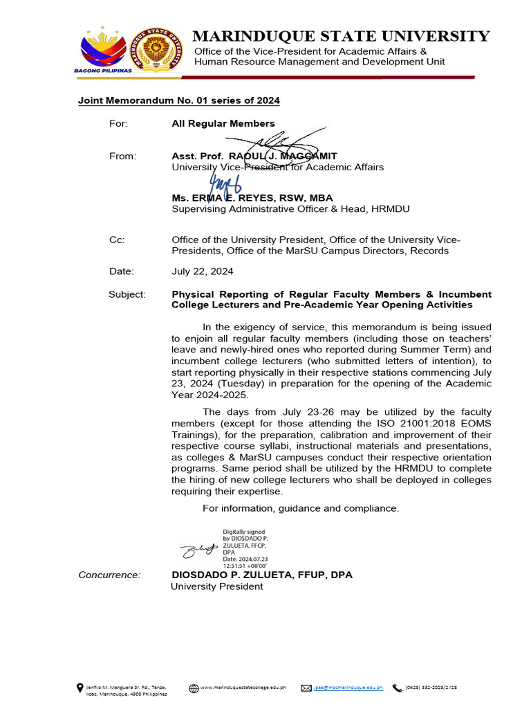 Joint Memorandum No 01 Physical Reporting of Faculty Members | PDF