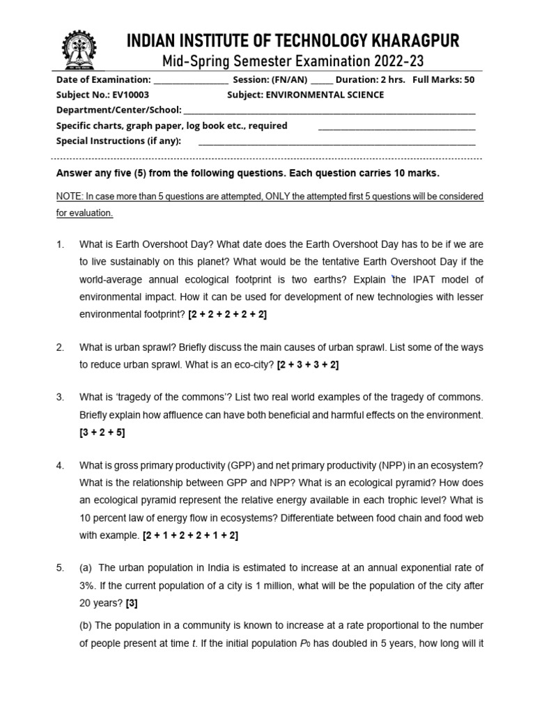 EV10003 - Mid Sem Question Paper | PDF | Sustainable Development | Ecology