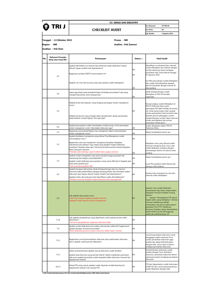 FR-MR-08 Formulir Checklist Audit | PDF