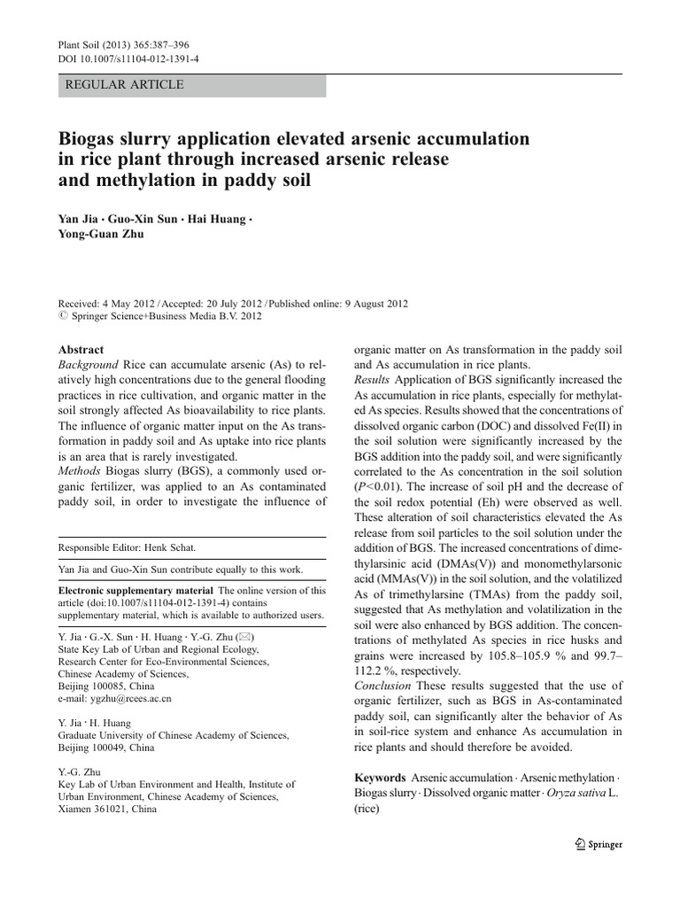 Biogas Slurry Application Elevated Arsenic Accumulation in Rice Plant ...