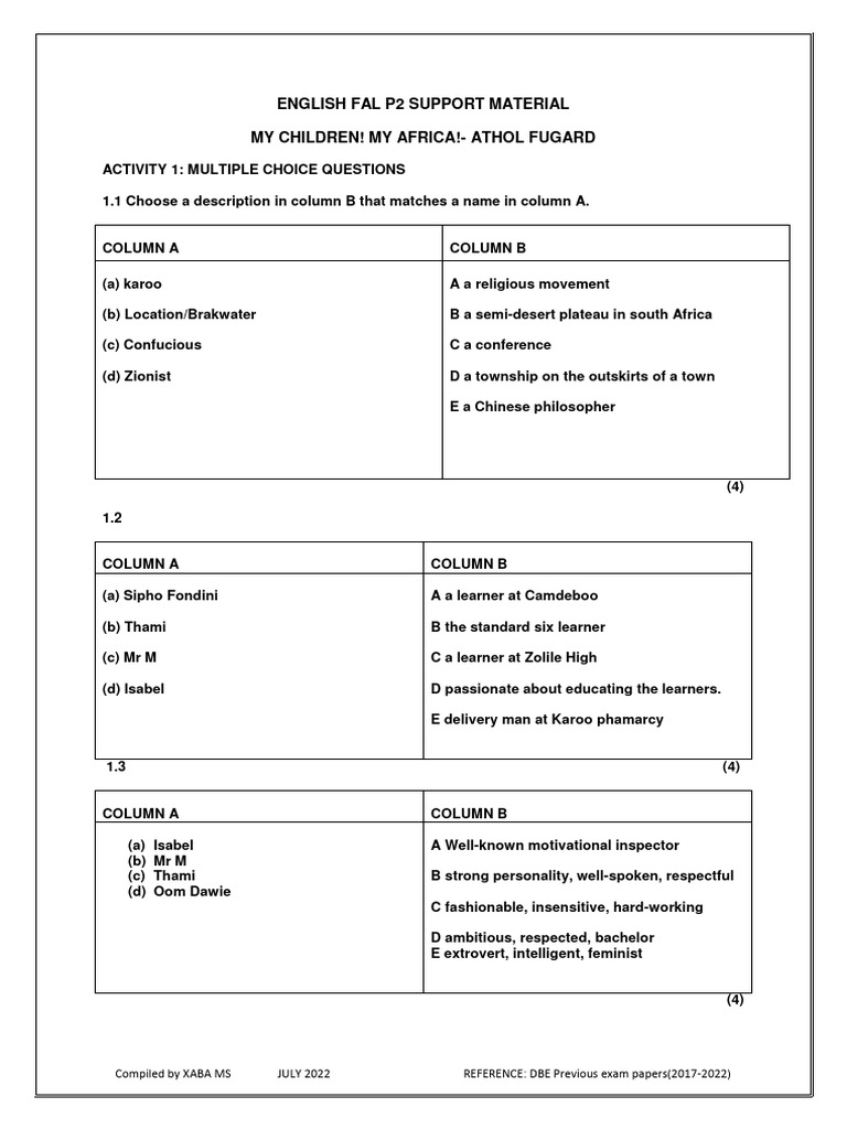 Grade 10 English FAL P2 Support Guide | PDF